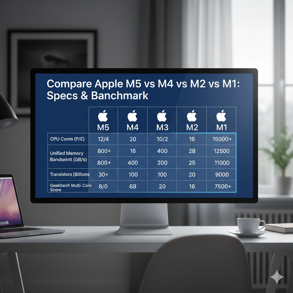 Compare Apple M5 vs M4 vs M3 vs M2 vs M1: Specs & Benchmark