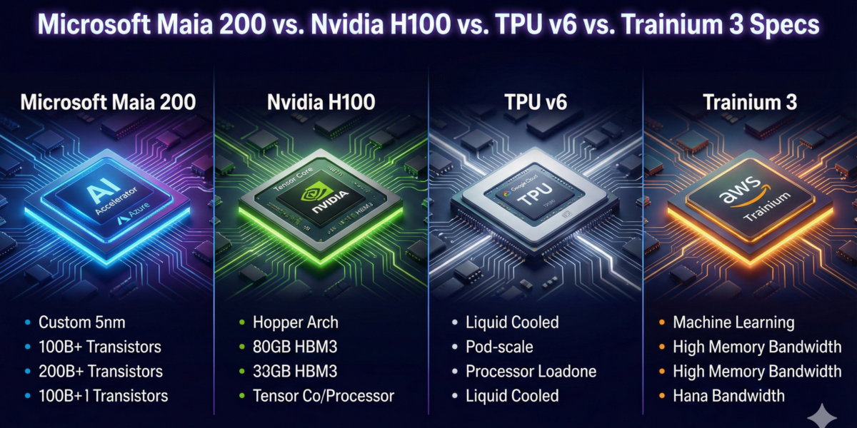 Microsoft Maia 200 vs. Nvidia H100 vs. TPU v6 vs. Trainium 3 Specs